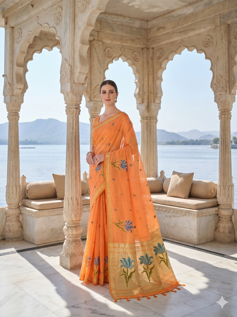 Orange Woven Saree with Floral Pallu | Elegant Festive Saree