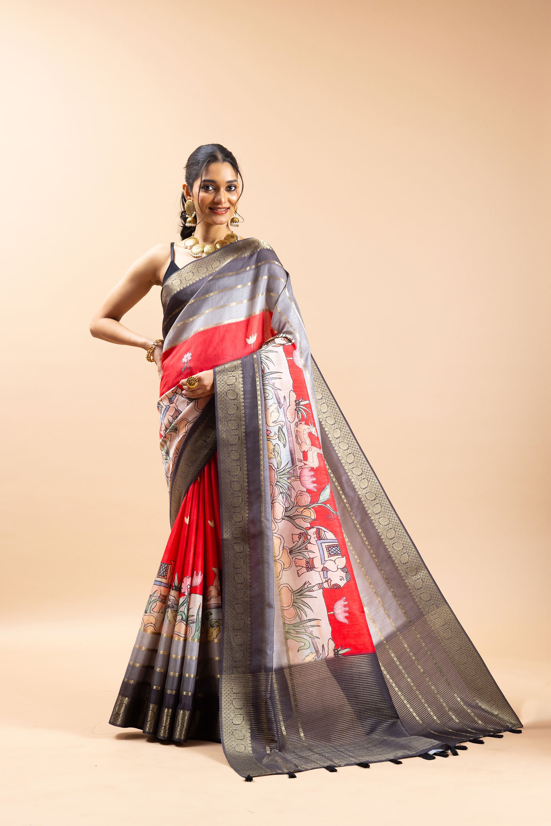 Buy Raj Gaj Pichwai Print Saree in Jacquard Silk | Yuvani Vesture